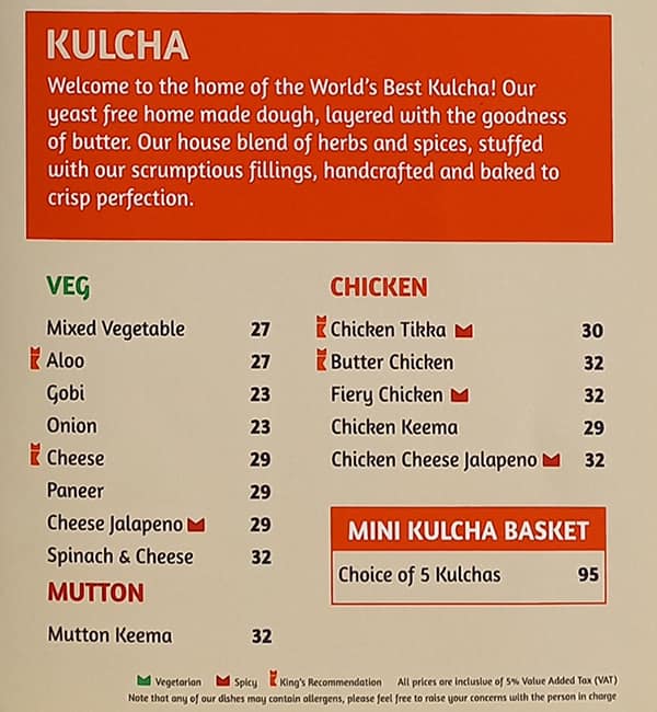 Menu of Kulcha King, Jafza, Dubai
