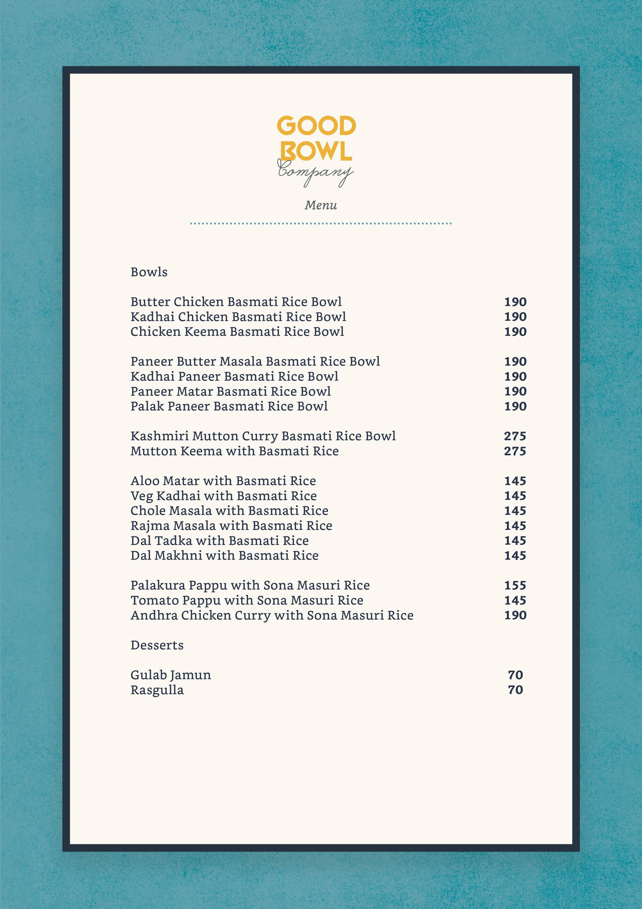 Menu of Good Bowl Company, Malad East, Mumbai