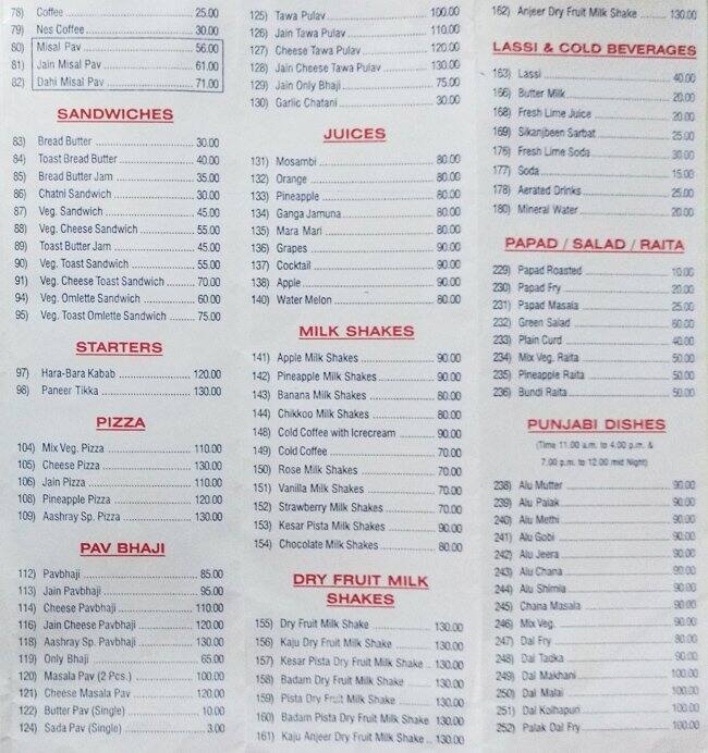Menu at Ashray Restaurant, Mumbai