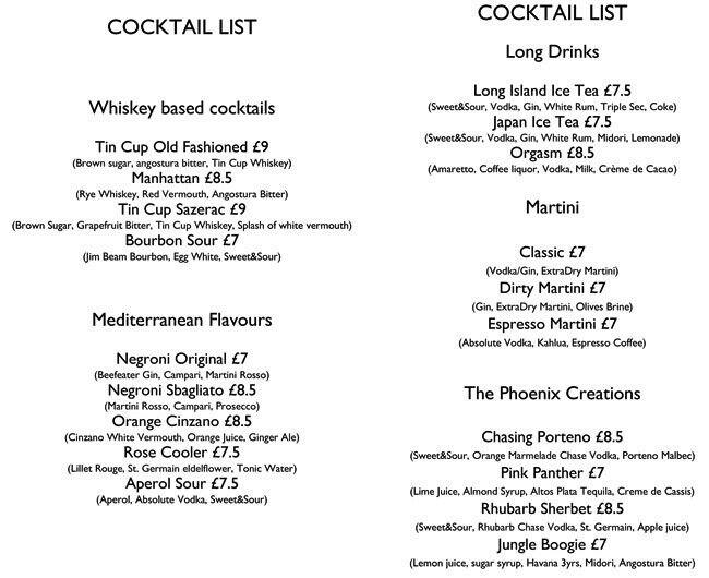 Menu at Phoenix pub & bar, London, 23 Smith Street