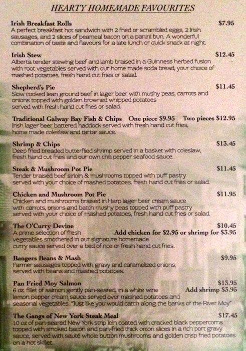 Menu at The Galway Arms pub & bar, Toronto