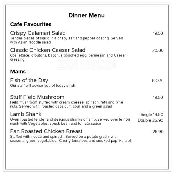 Menu at Cafe Mosaic, Christchurch, Barrington Mall 21/256 Barrington St