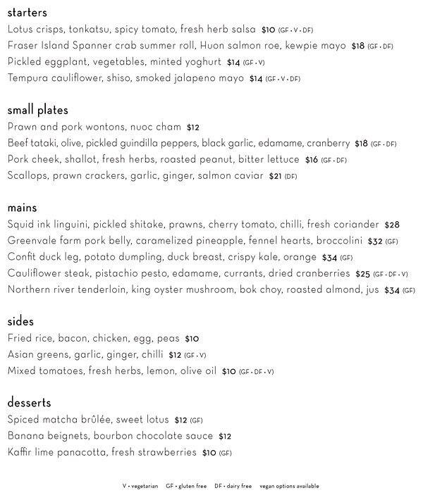 Menu at Fish Lane Way restaurant, South Brisbane
