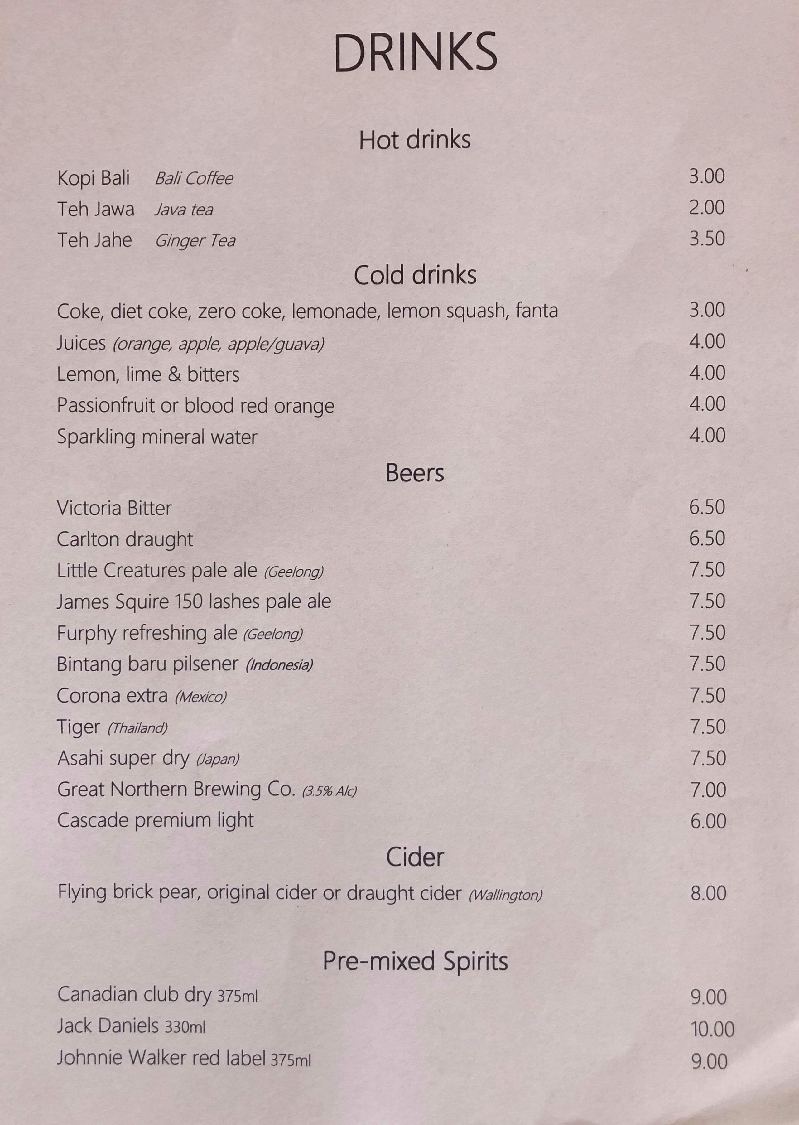 Menu at Warung Bali restaurant, Geelong West