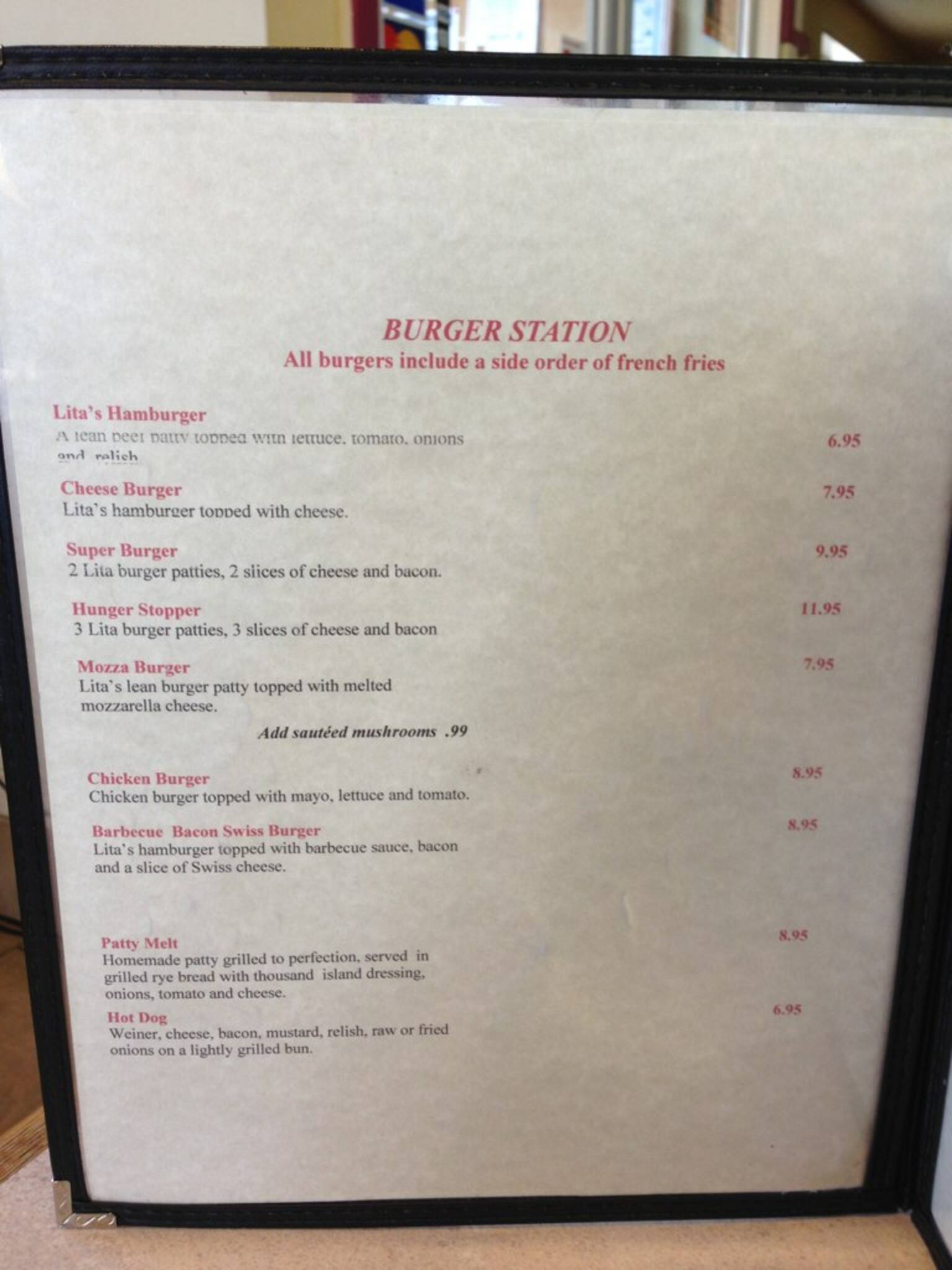 Menu at Lita's Station cafe, Portage la Prairie, 904 Saskatchewan Ave E