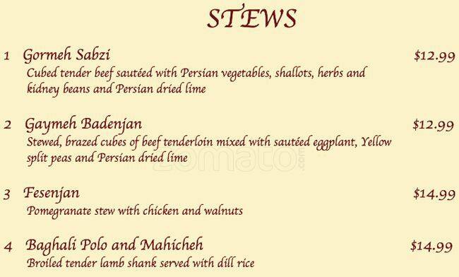 Menu at Kasra Restaurant Persian Cuisine, Richardson