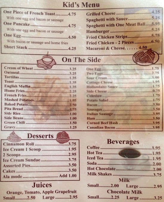 Menu at Chalet restaurant, Wheat Ridge