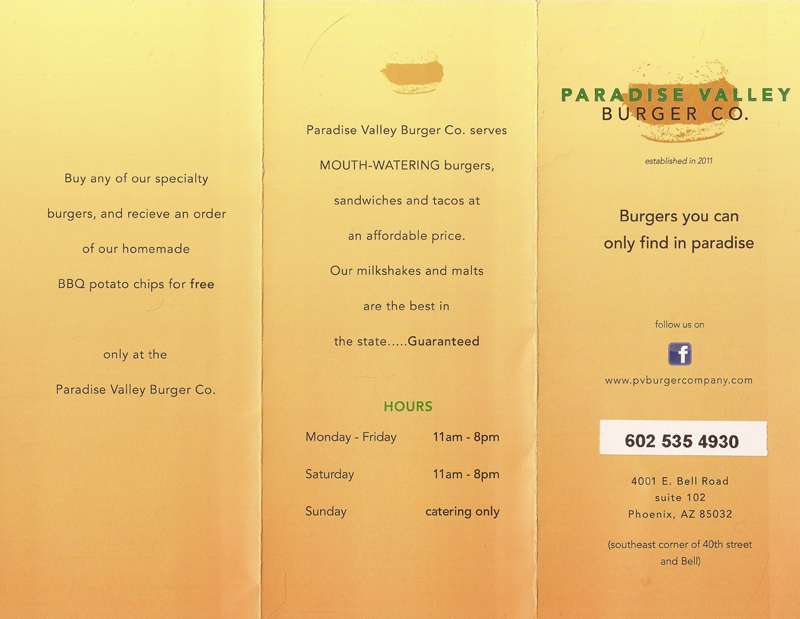 Menu at Paradise Valley Burger fast food, Phoenix, E Bell Rd