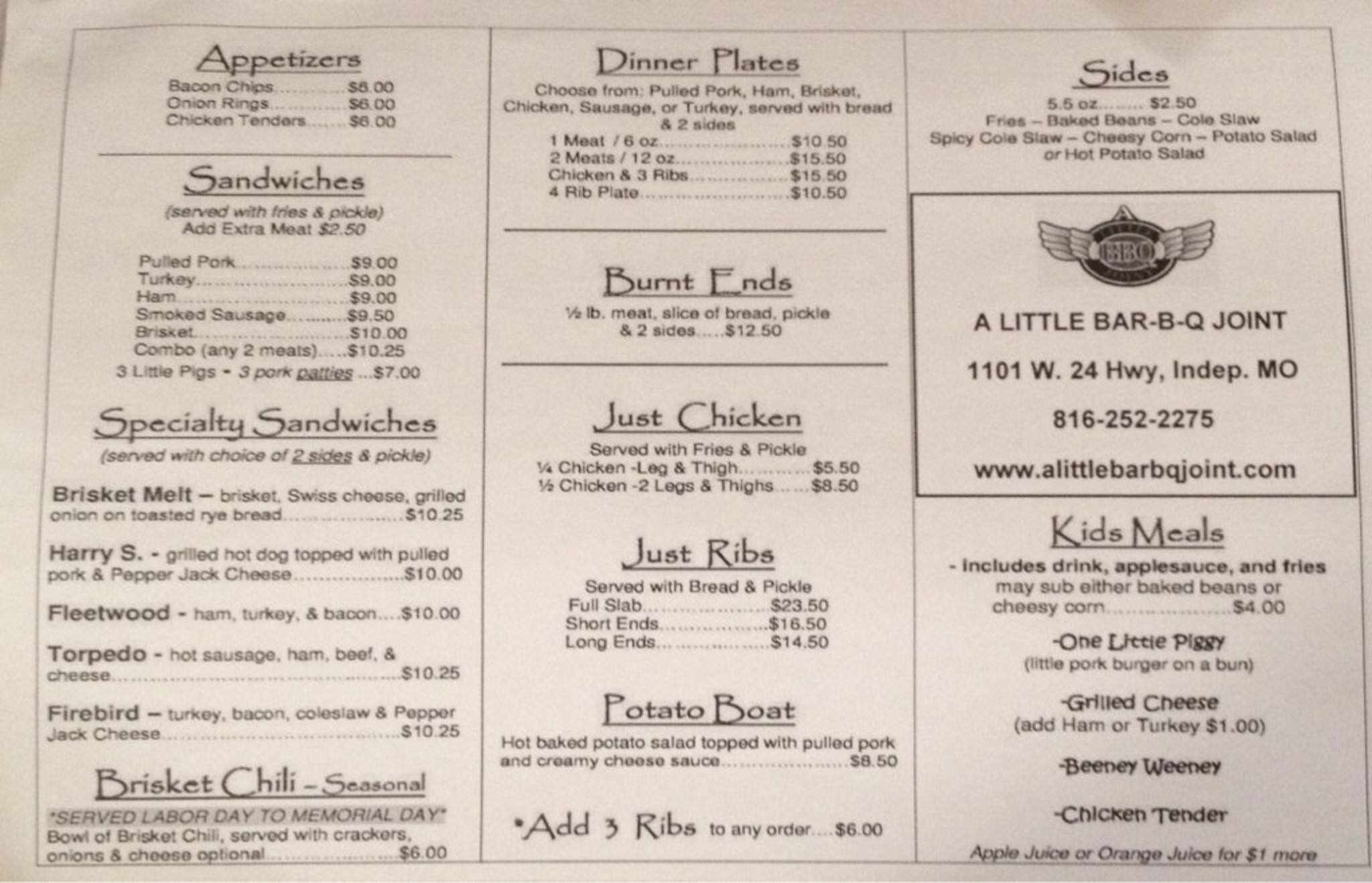 Carta de A Little BBQ Joint, Independence