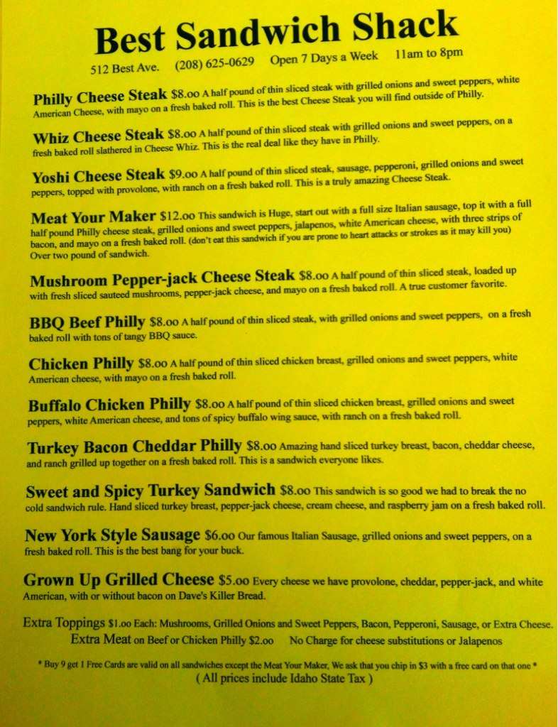 Menu at Best Sandwich Shack restaurant, Coeur d'Alene, 518 E Best Ave