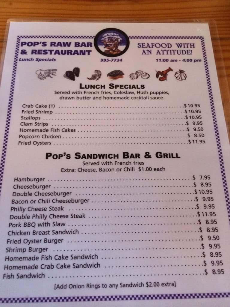 Menu at Pop's Raw Bar, Buxton