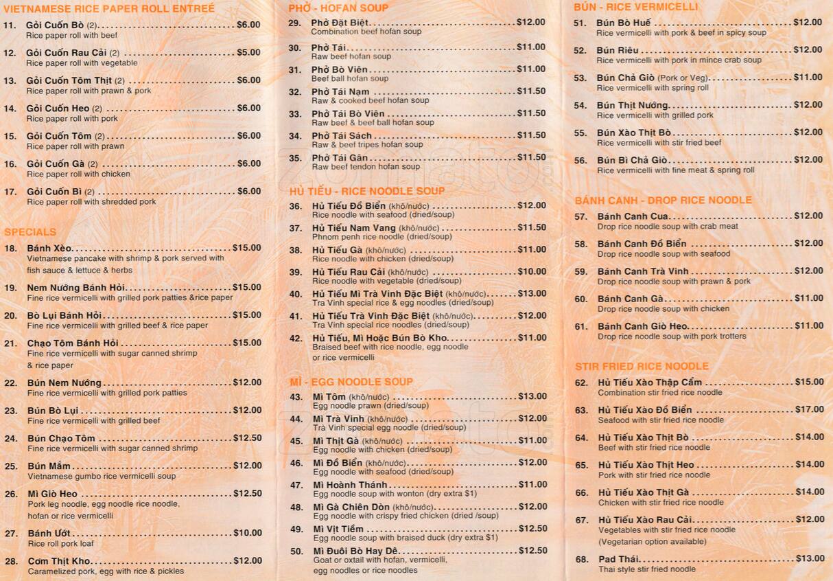 Carta de Trà Vinh Vietnamese Restaurant, Perth, 149 Brisbane St