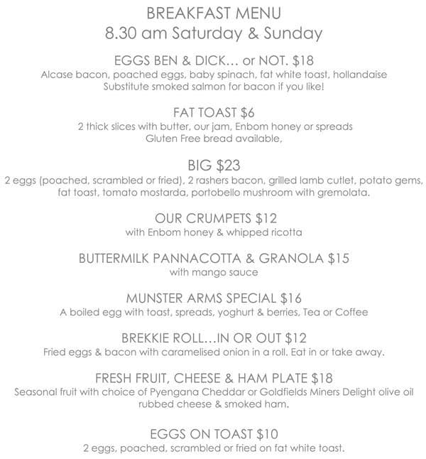 Menu at Munster Arms Hotel pub & bar, Ballarat Central