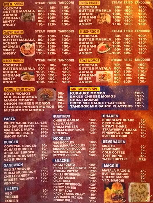 Menu at Mr. Momos, Delhi