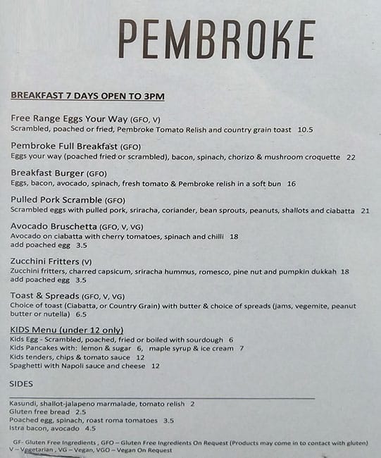 Menu at Pembroke Bar And Kitchen, Surrey Hills