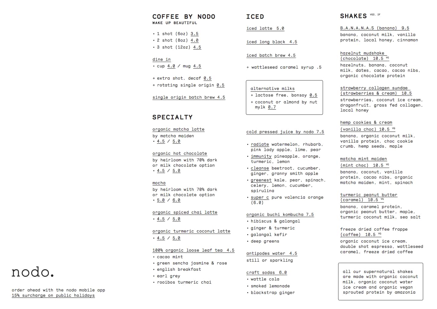 Menu at Nodo cafe, Brisbane City, 1 Ella St