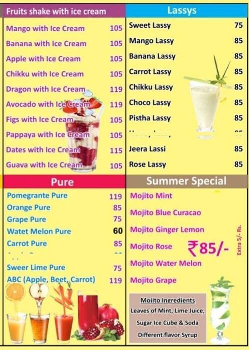 Menu at Emirates Juice Cafe, Chennai, 1/266