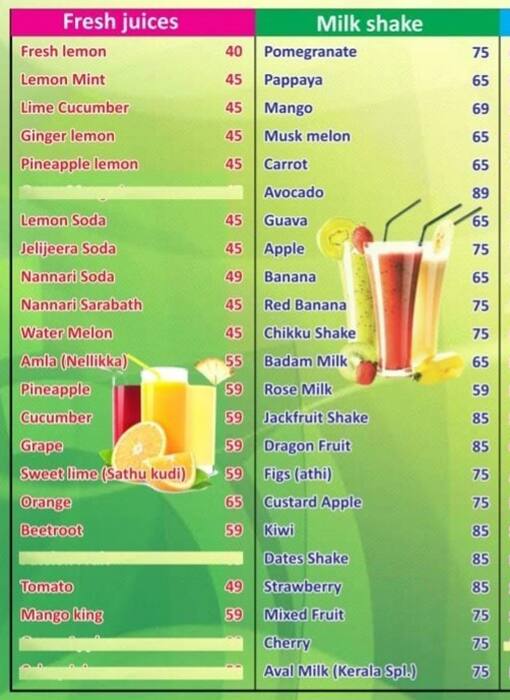 Menu at Emirates Juice Cafe, Chennai, 1/266