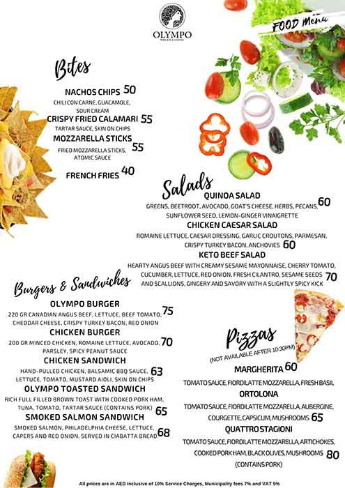 Menu at Olympo Lounge restaurant, Dubai