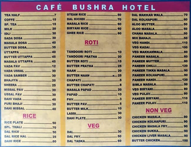 Menu of Cafe Hotel Bushra, Marol, Mumbai