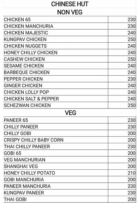 Menu of Chinese Hut, Banjara Hills, Hyderabad