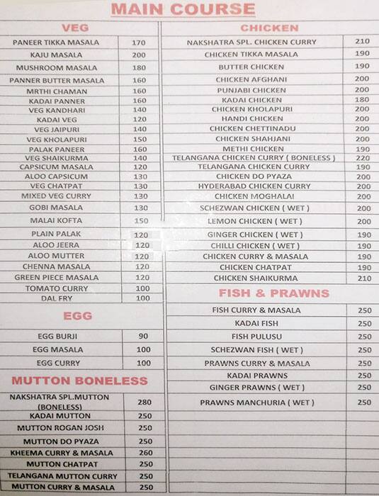 Menu of Nakshatra Restaurant And Bar, Bowenpally, Secunderabad