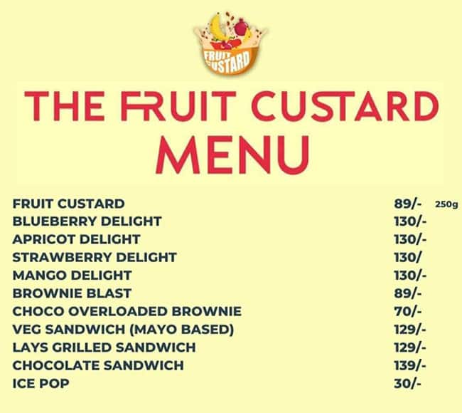 Menu of The Fruit Custard, Kukatpally, Hyderabad