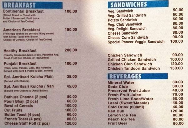 Menu at Apna Chulla Dhaba, Amritsar