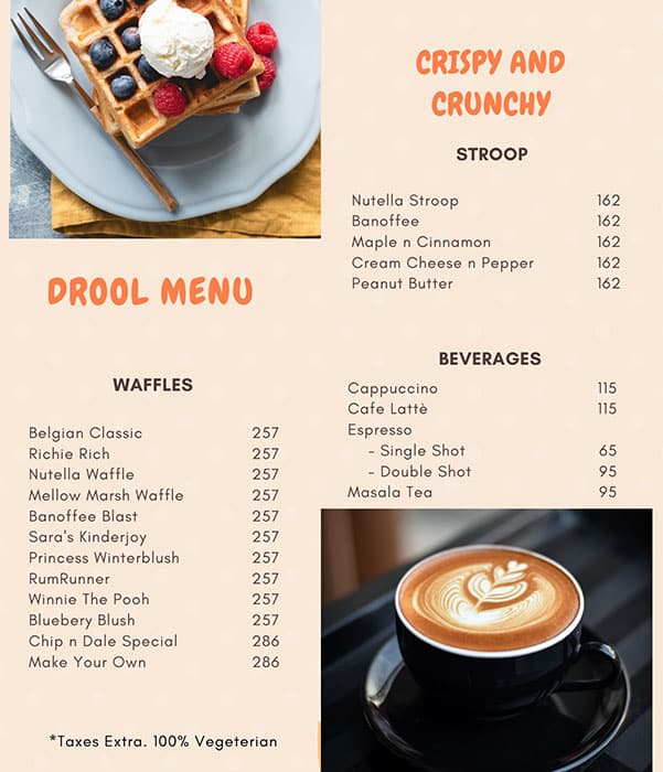 Menu of Drool Waffles, DLF Phase 3, Gurgaon