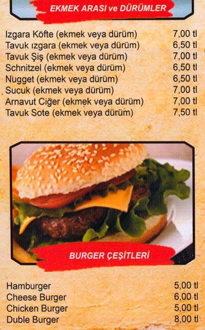 Menu at Ora Fast Food, Ankara