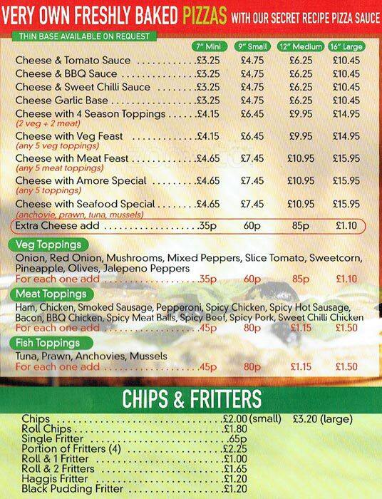 Menu at Pizza Amore Takeaway pizzeria, Glasgow