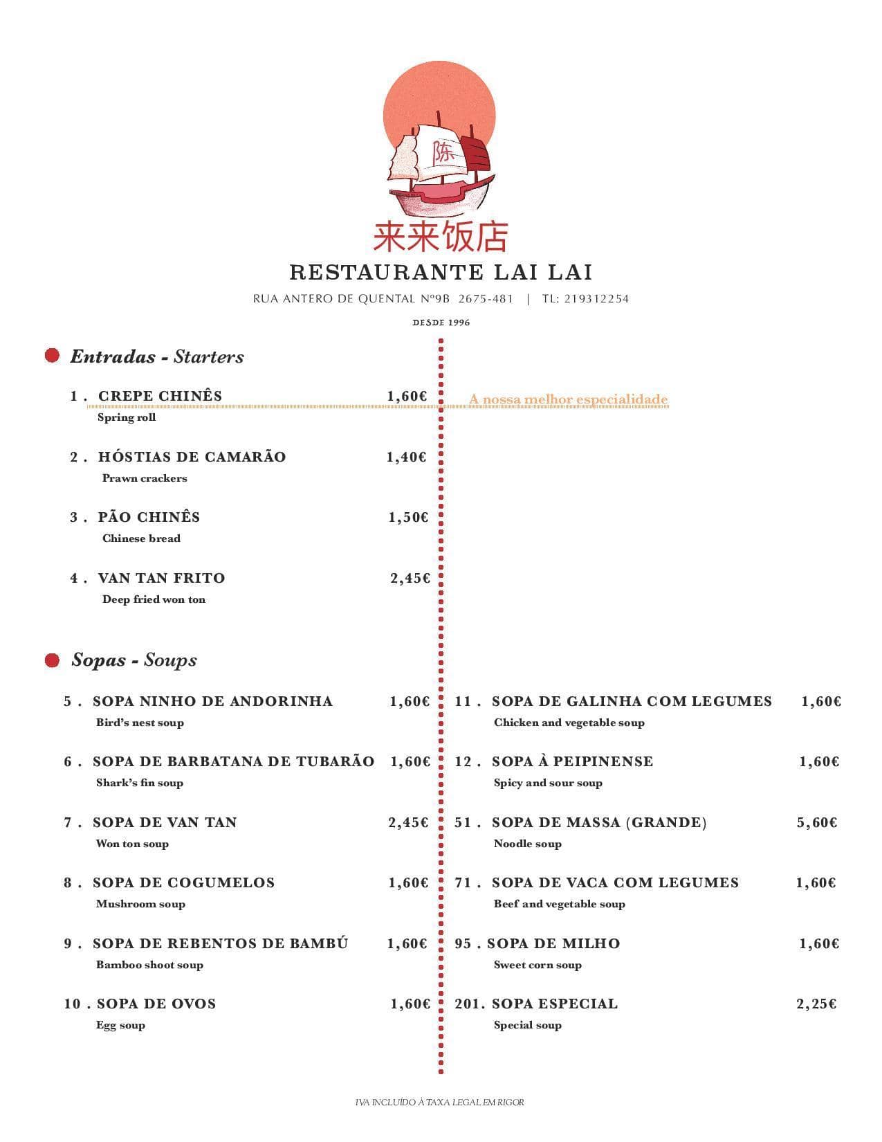 Menu em Lai Lai restaurante, Odivelas