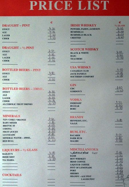 Menu at The Yellow House pub & bar, Dublin