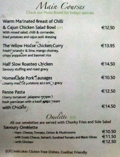 Menu at The Yellow House pub & bar, Dublin