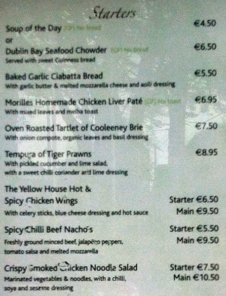 Menu at The Yellow House pub & bar, Dublin