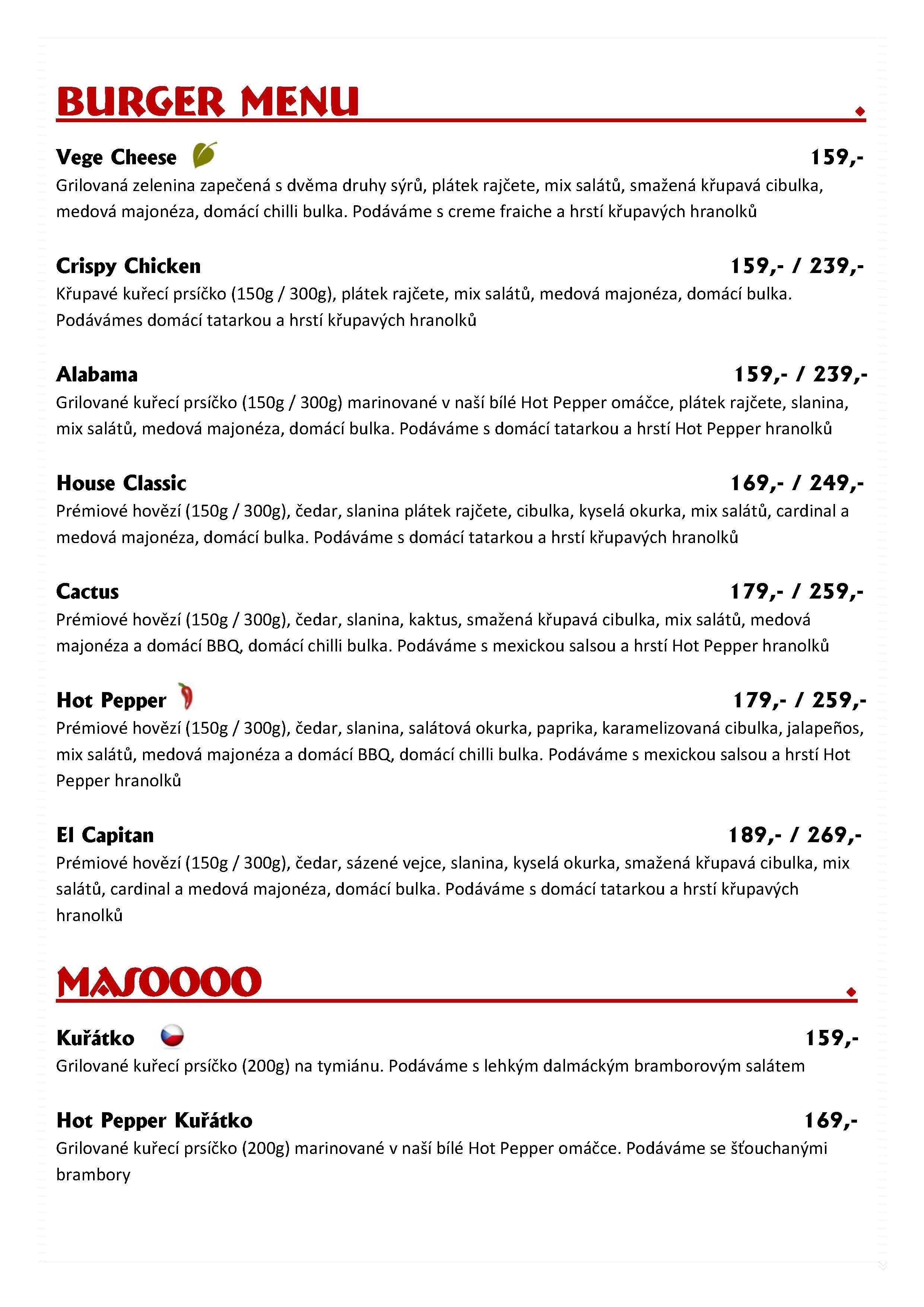 Menu at Hot Pepper Pub, Prague