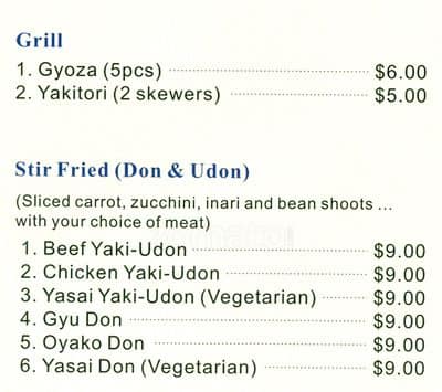 Menu at Yuri Sushi restaurant, Abbotsford
