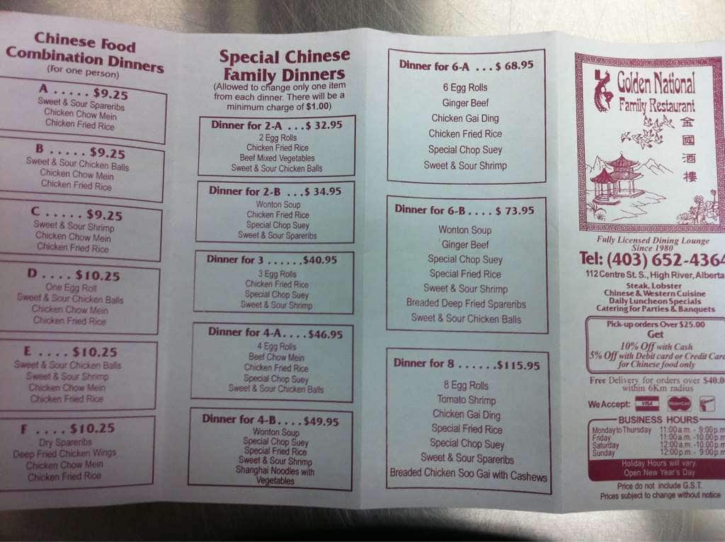 Menu at New Golden National Family Restaurant, High River, High River