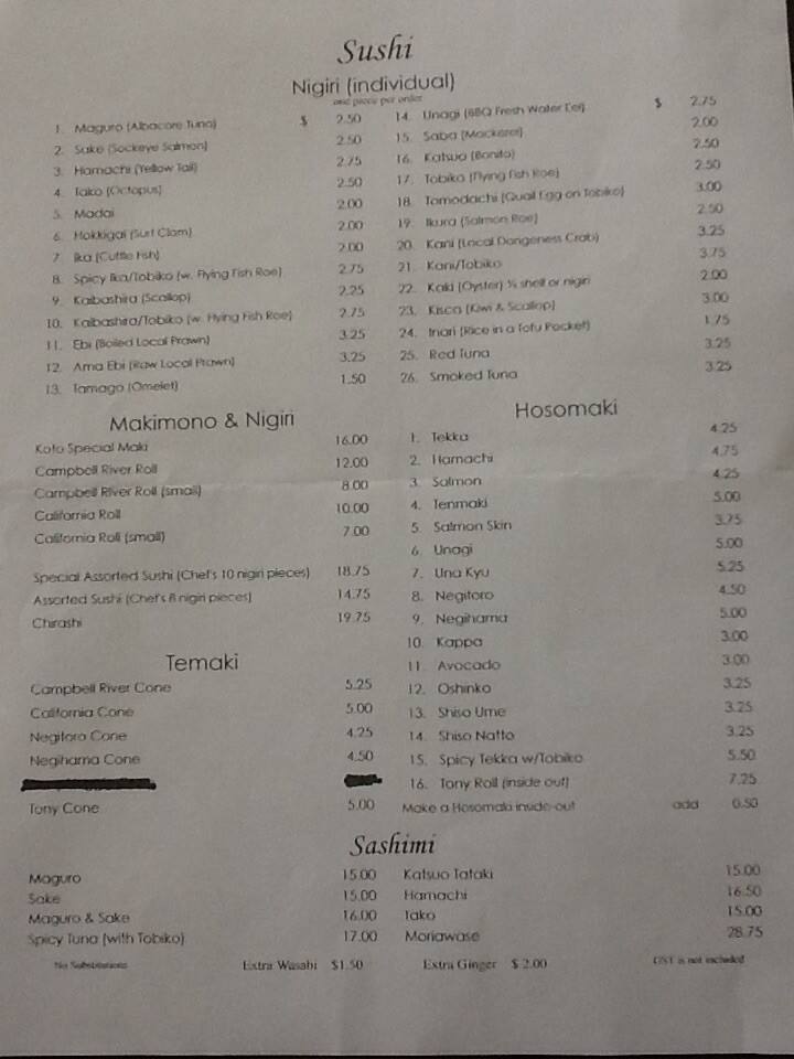 Menu at Koto Japanese Restaurant, Campbell River