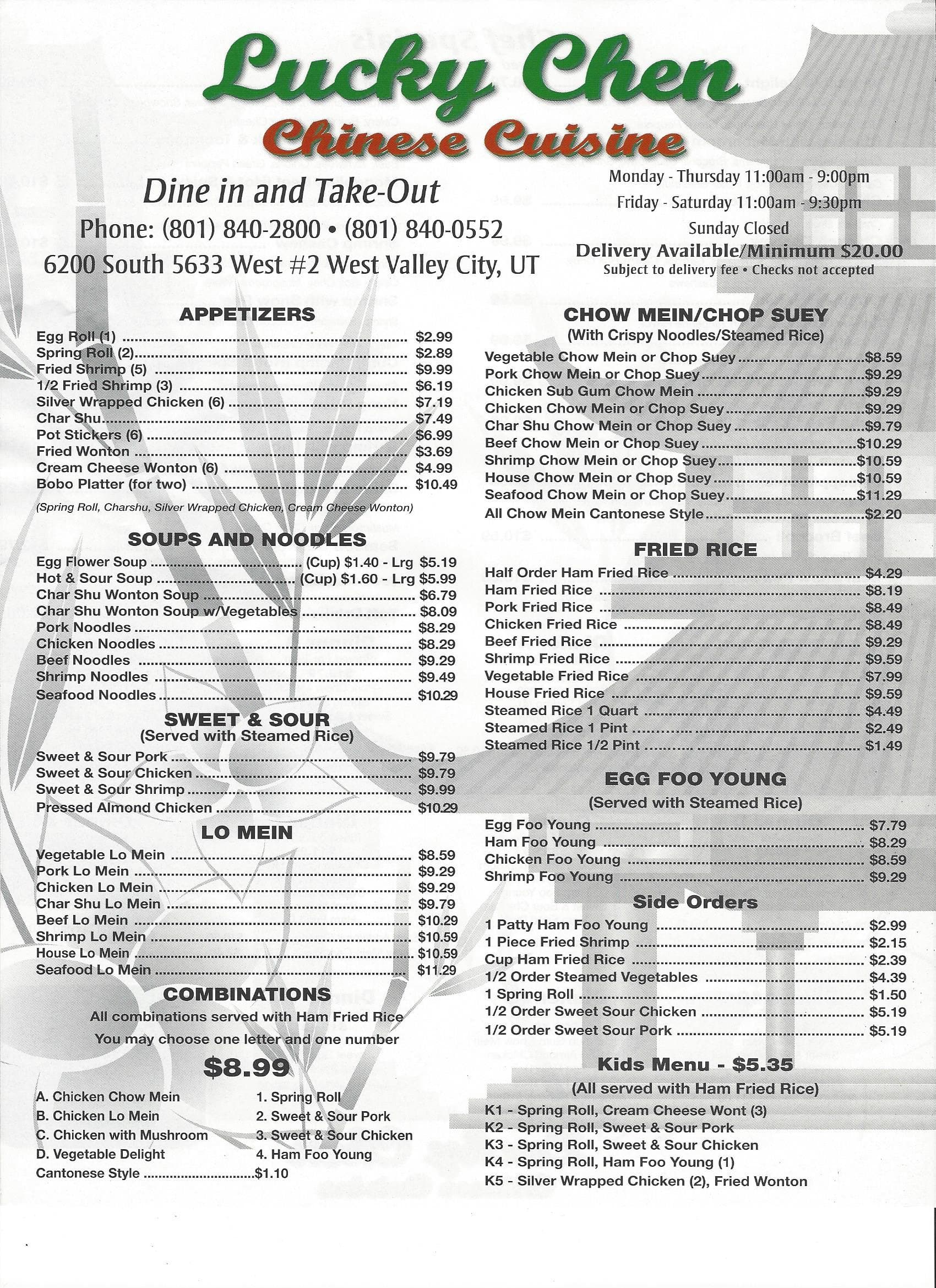 Menu at Lucky Chen restaurant, Salt Lake City