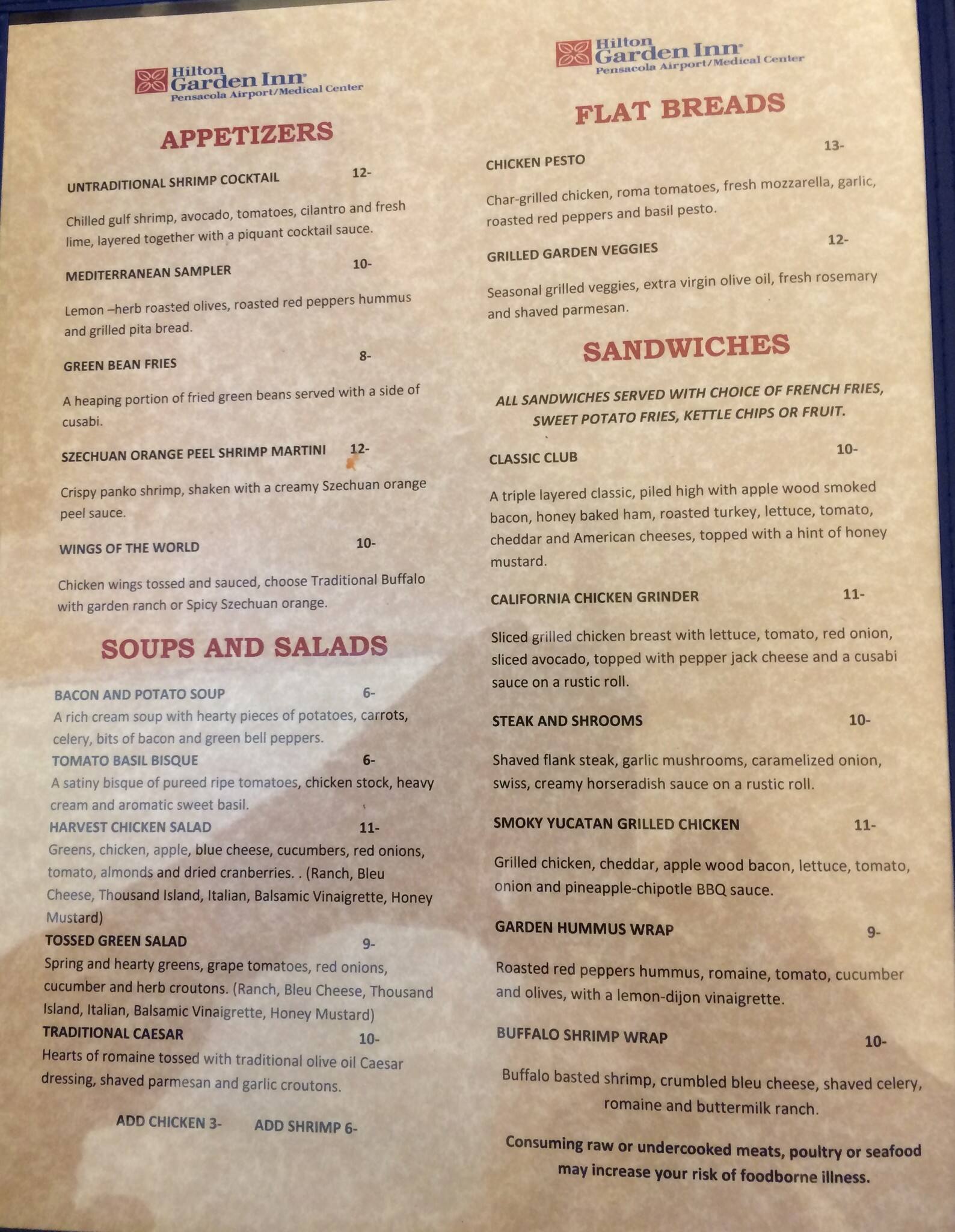 Menu at Hilton Garden Inn, Pensacola
