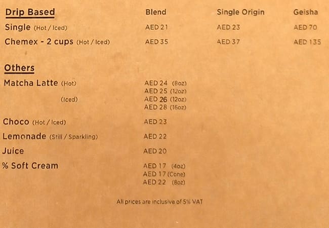 Menu at Arabica cafe, Dubai, 86 Sheikh Zayed Rd