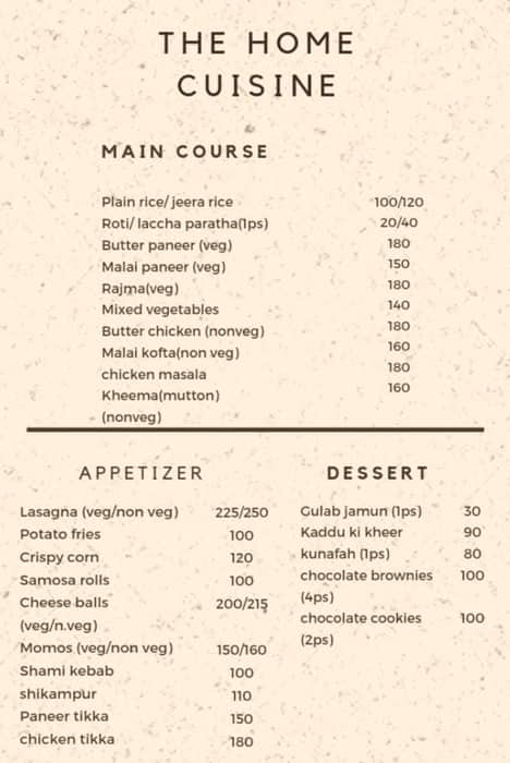 Menu of The Home Cuisine, Langer Houz, Hyderabad