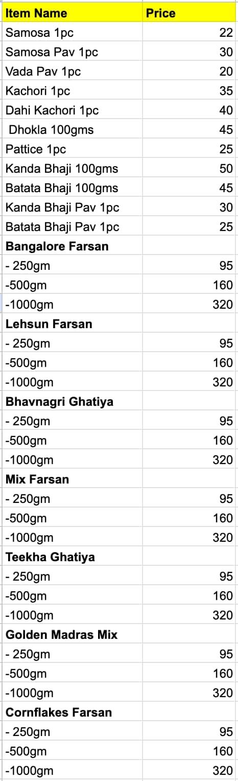 Menu of Bikaner Sweets, Kharghar, Navi Mumbai