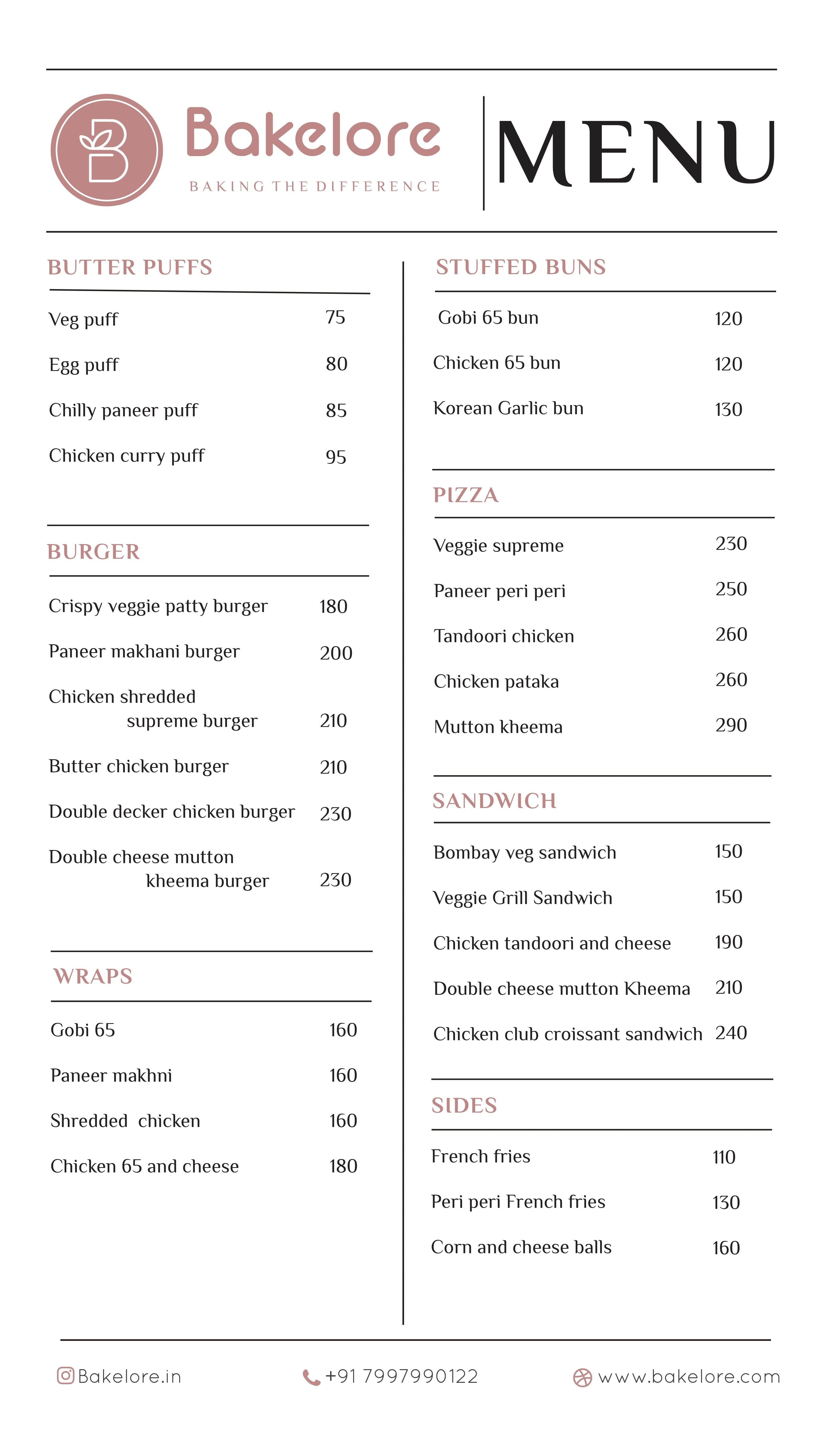 Menu of Bakelore, Madhapur, Hyderabad