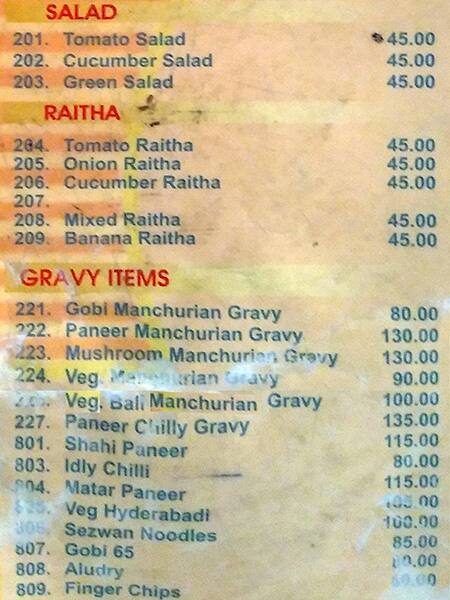 Menu at Sri Nidhi Sagar, Bengaluru, 279