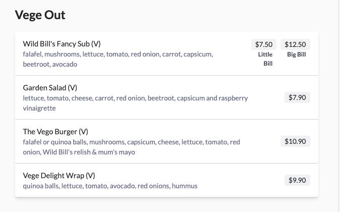 Menu at Wild Bills restaurant, Hamilton, 718 Grey St