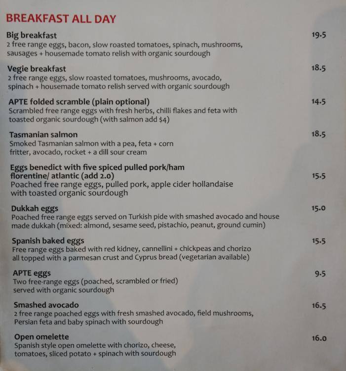 Menu at Apte Cafe, Alphington