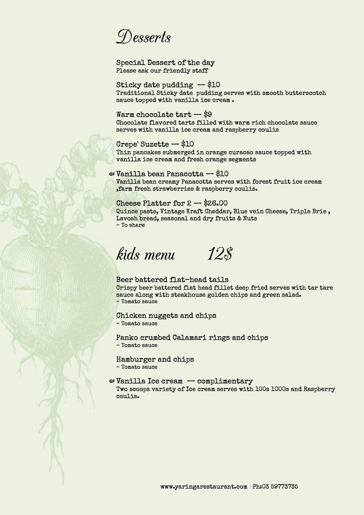 Menu at Yaringa Marina Restaurant, Somerville