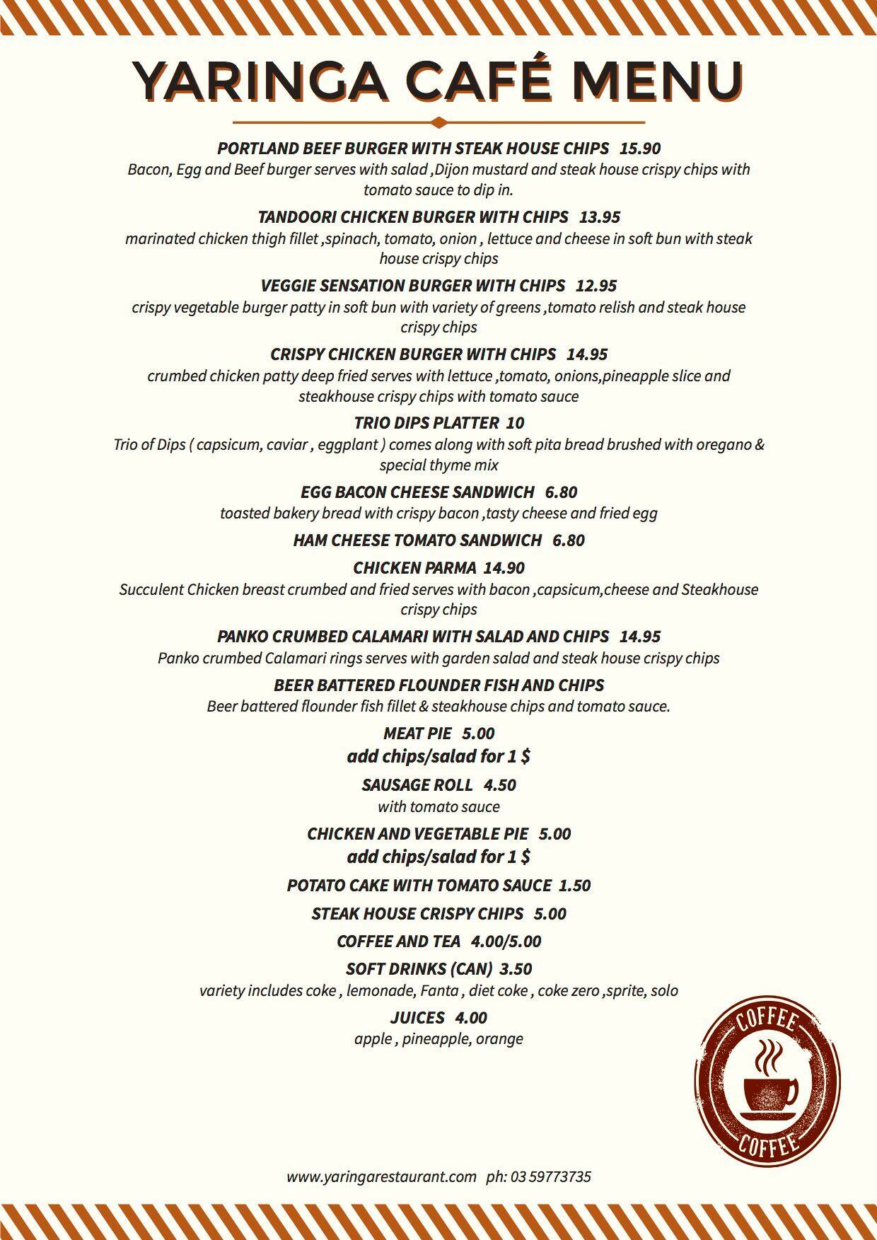 Menu at Yaringa Marina Restaurant, Somerville